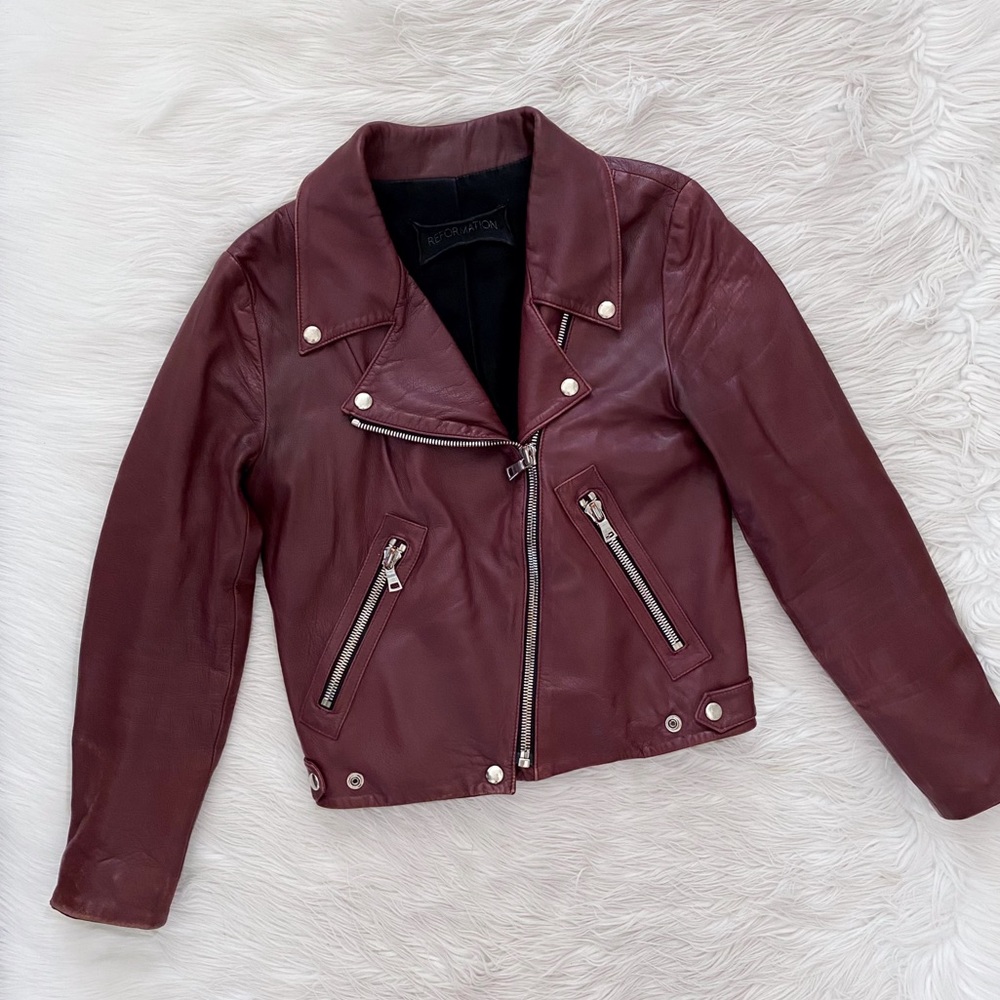 Reformation Burgundy Leather Moto Jacket - Gem